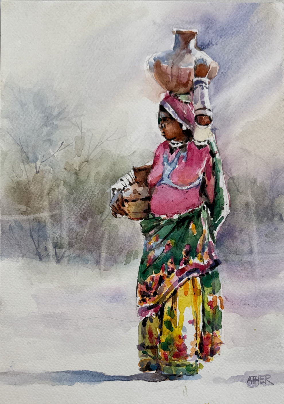 Untitled, Figurative Painting by Ather Jamal, Watercolour on Paper, 9 ...